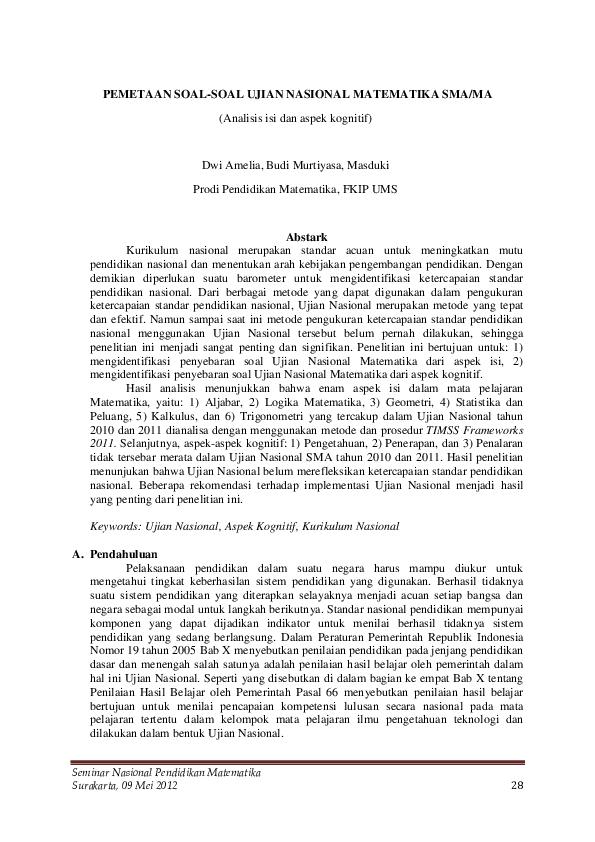 (PDF) Pemetaan Soal-Soal Ujian Nasional Matematika SMA/MA (Analisis Isi dan Aspek Kognitif)