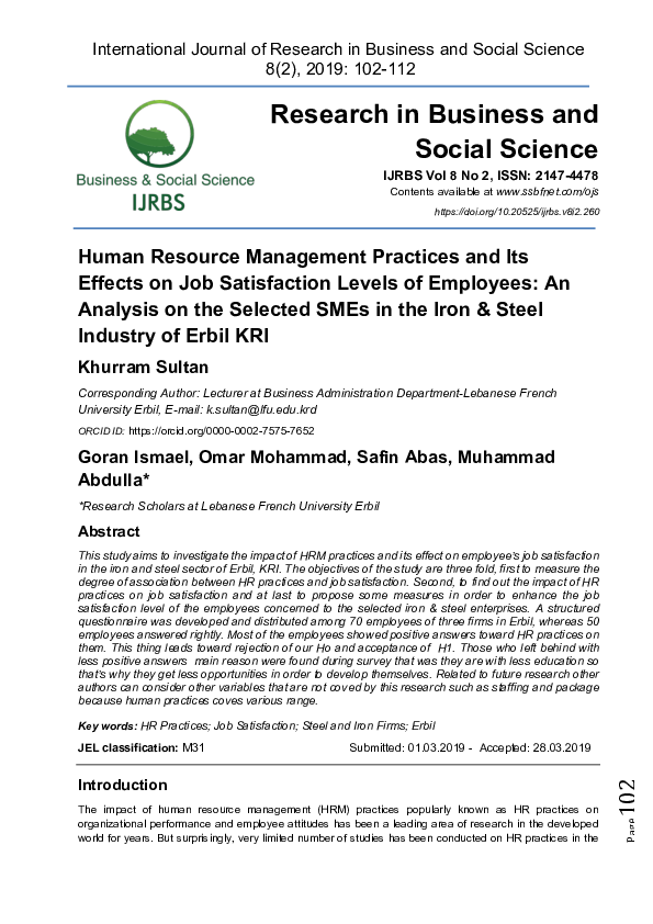 Pdf Human Resource Management Practices And Its Effects On Job Satisfaction Levels Of Employees