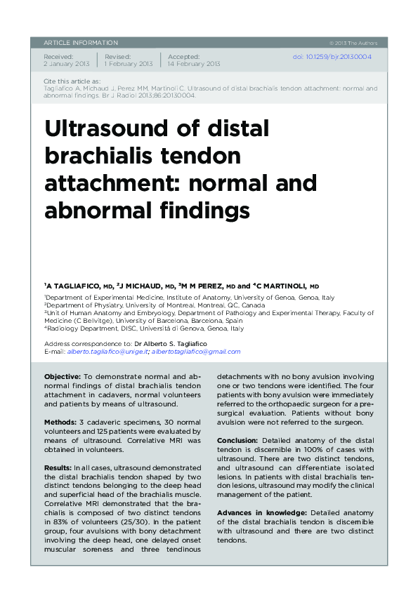 (PDF) Ultrasound of distal brachialis tendon attachment: normal and ...