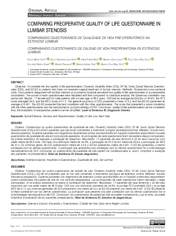 (PDF) Comparing Preoperative Quality of Life Questionnaire in Lumbar ...