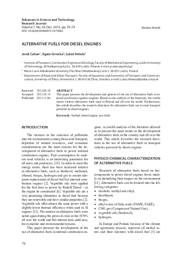 (PDF) Alternative Fuels for Diesel Engines