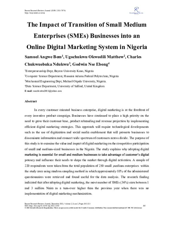 (PDF) The Impact of Transition of Small Medium Enterprises (SMEs) Businesses into an Online ...