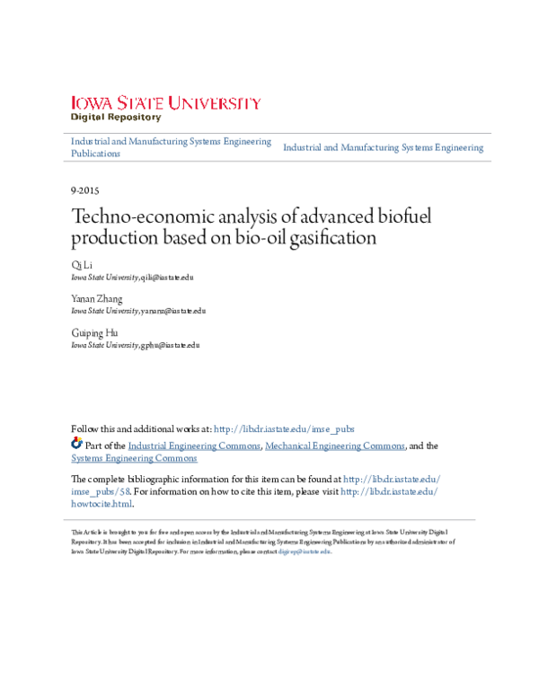 (PDF) Techno-economic analysis of advanced biofuel production based on ...