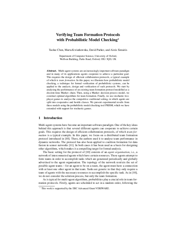 (PDF) Verifying Team Formation Protocols with Probabilistic Model Checking