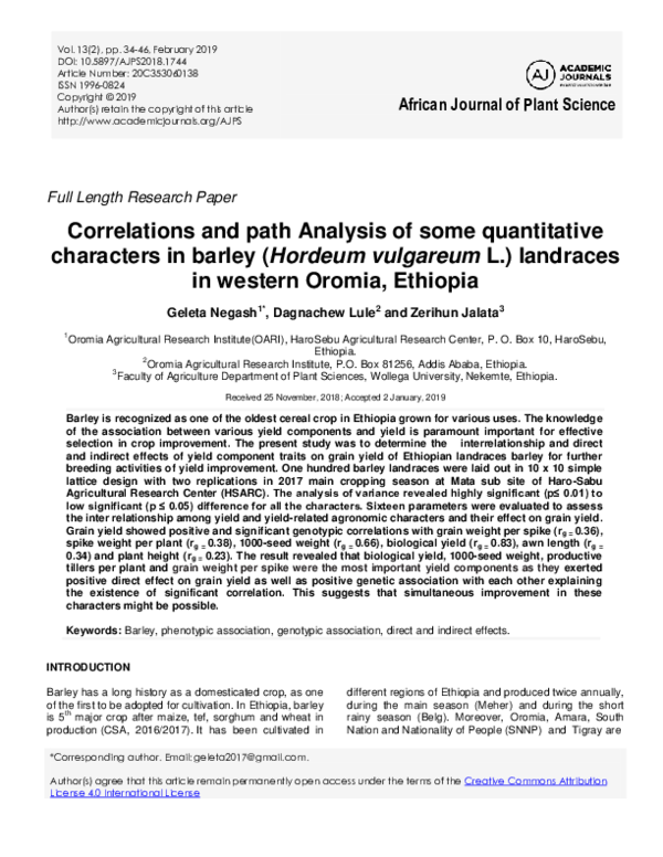 (PDF) Correlations and path Analysis of some quantitative characters in barley (Hordeum ...