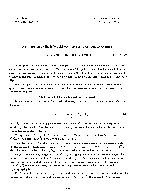 (PDF) Distribution of Eigenvalues for Some Sets of Random Matrices
