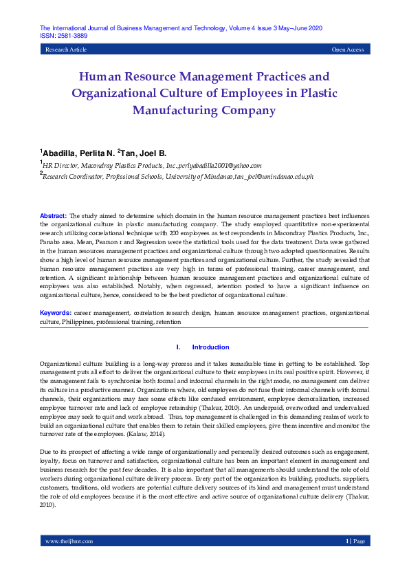 (PDF) Human Resource Management Practices and Organizational Culture of Employees in Plastic ...