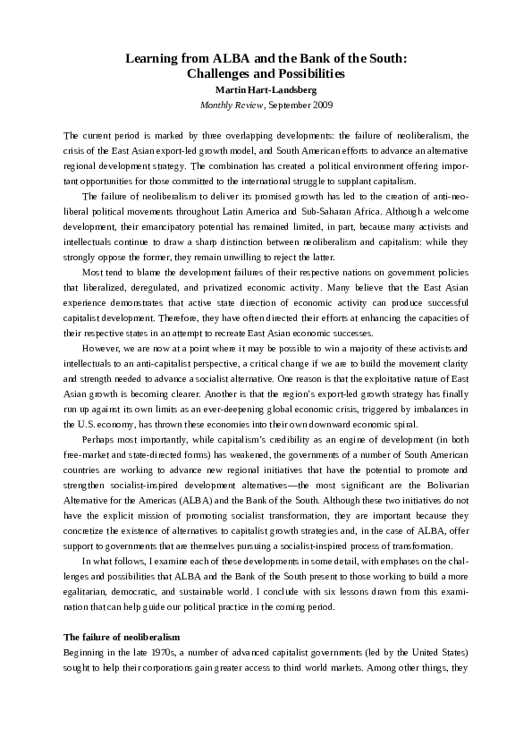 (PDF) Learning from ALBA and the Bank of the South: Challenges and Possibilities