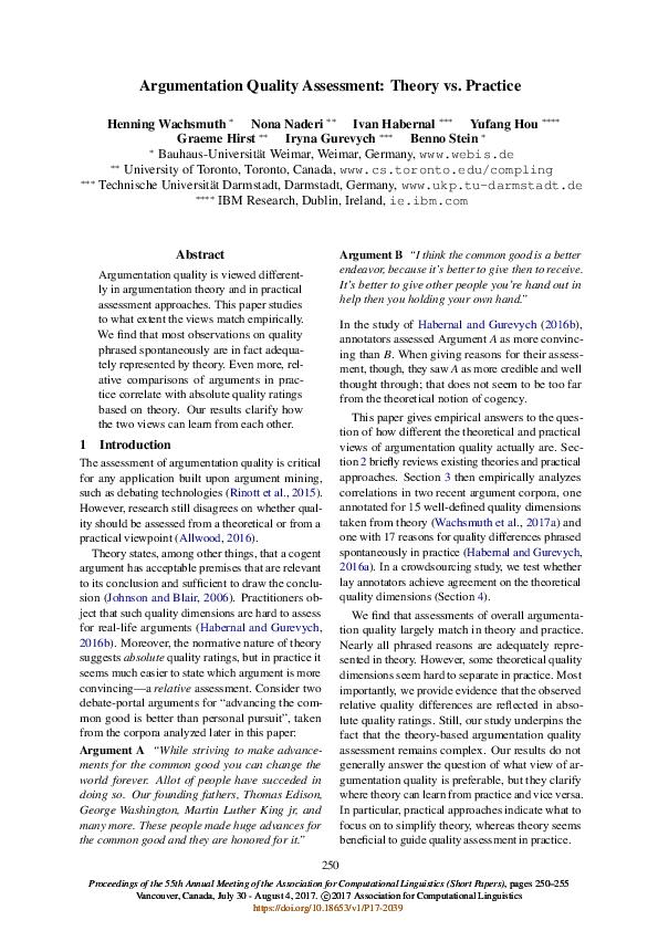 (PDF) Argumentation Quality Assessment: Theory vs. Practice