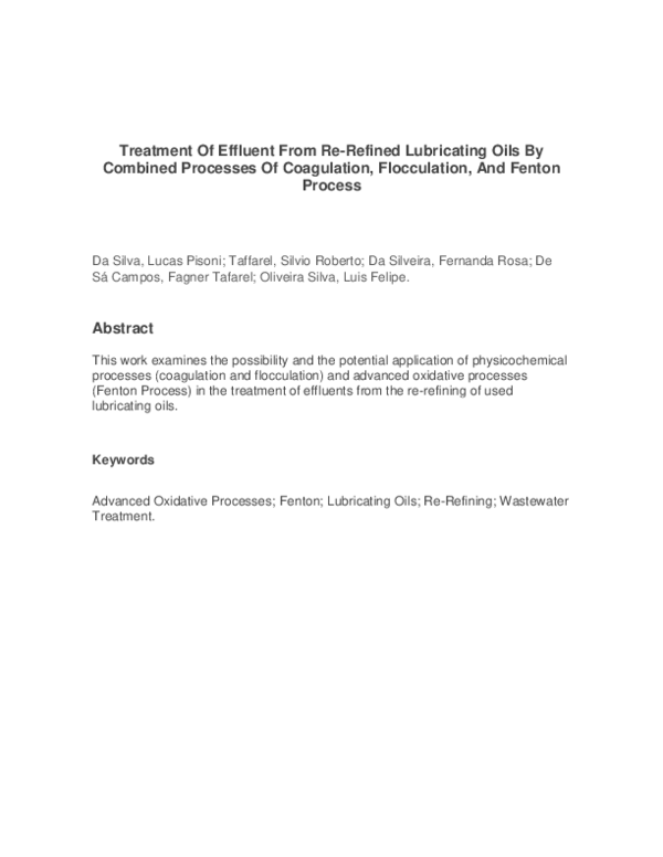 (PDF) Treatment of effluent from re‐refined lubricating oils by combined processes of ...