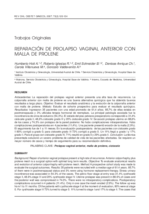 (PDF) Reparación De Prolapso Vaginal Anterior Con Malla De Prolene