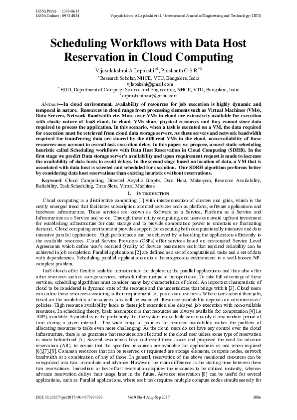 (PDF) Scheduling Workflows with Data Host Reservation in Cloud Computing