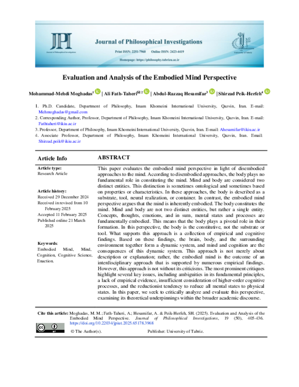 (PDF) Evaluation and Analysis of the Embodied Mind Perspective