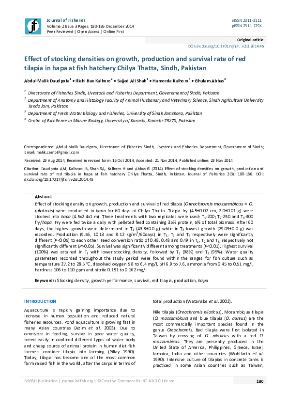 (PDF) Effect of stocking densities on growth, production and survival ...