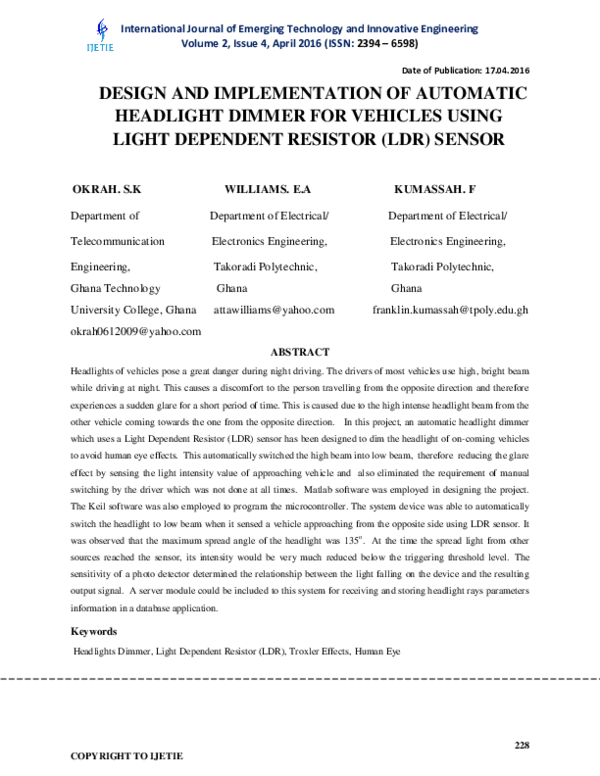 (PDF) Design and Implementation of Automatic Headlight Dimmer for ...