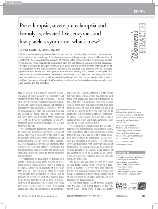 (PDF) Pre-Eclampsia, Severe Pre-Eclampsia and Hemolysis, Elevated Liver Enzymes and Low ...