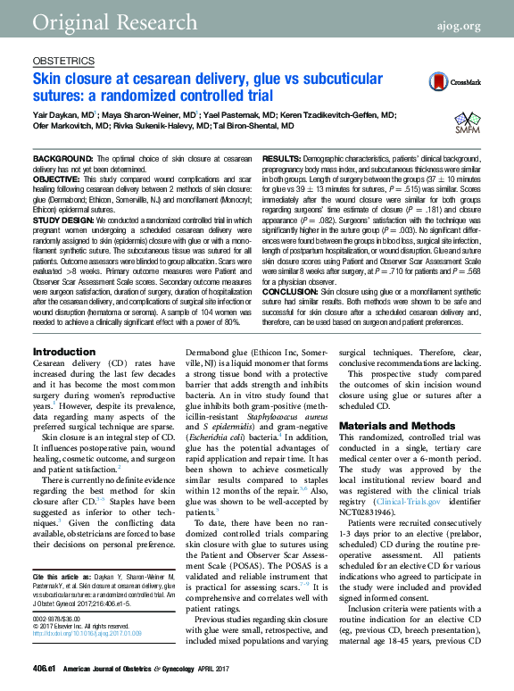 (PDF) Skin closure at cesarean delivery, glue vs subcuticular sutures ...