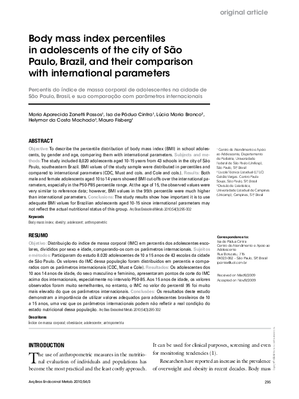 (PDF) Body mass index percentiles in adolescents of the city of São ...