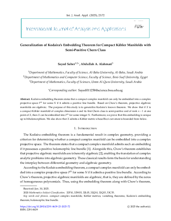 (PDF) Generalization of Kodaira's Embedding Theorem for Compact Kähler Manifolds with Semi ...