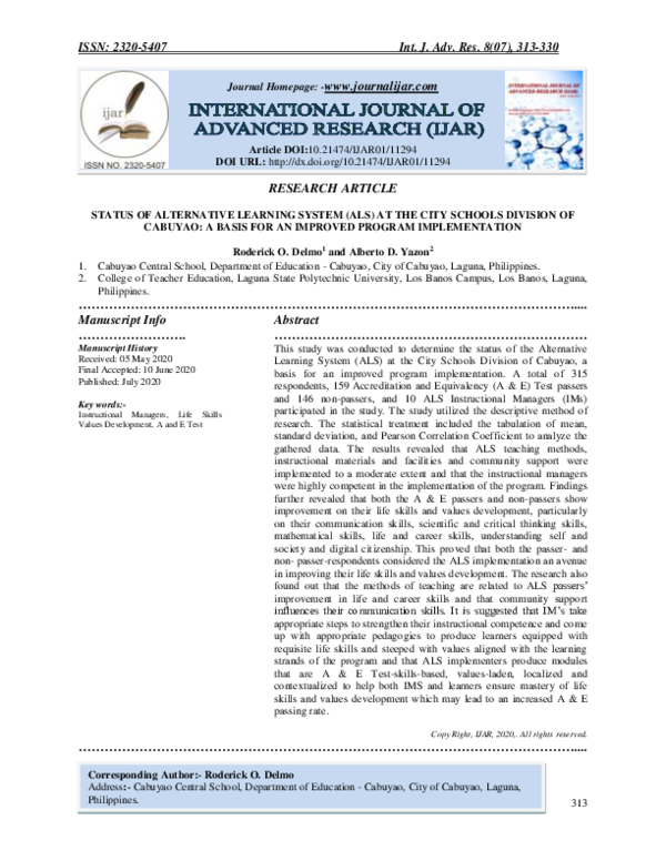 (PDF) Status of Alternative Learning System (Als) at the City Schools Division of Cabuyao: A ...
