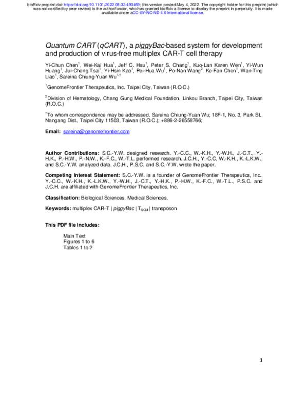 (PDF) Quantum CART ( qCART ), a piggyBac-based system for development ...