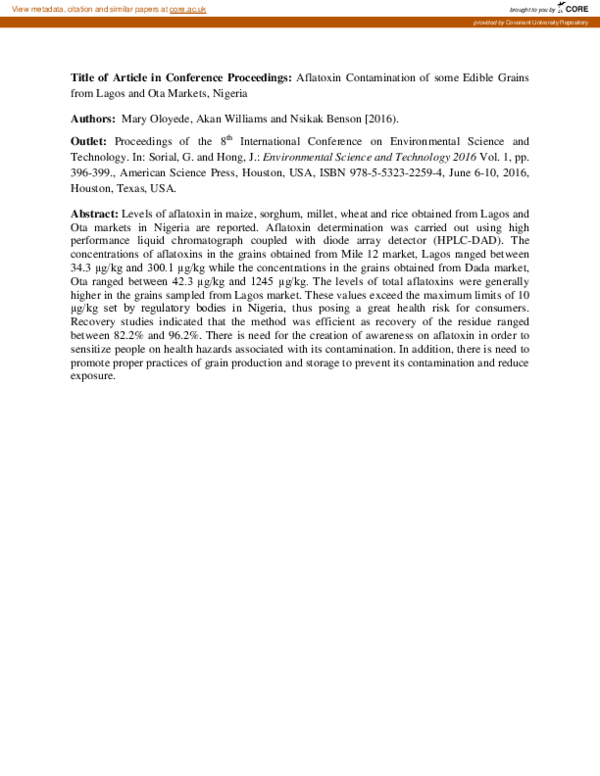 (PDF) Aflatoxin Contamination of some Edible Grains from Lagos and Ota ...