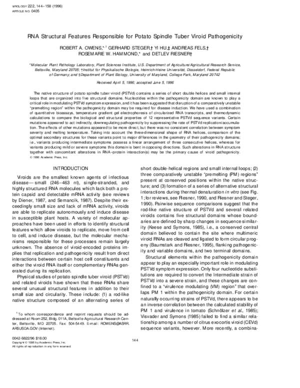 (PDF) RNA Structural Features Responsible for Potato Spindle Tuber ...