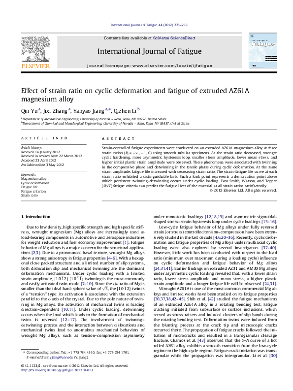 (PDF) Effect of strain ratio on cyclic deformation and fatigue of ...