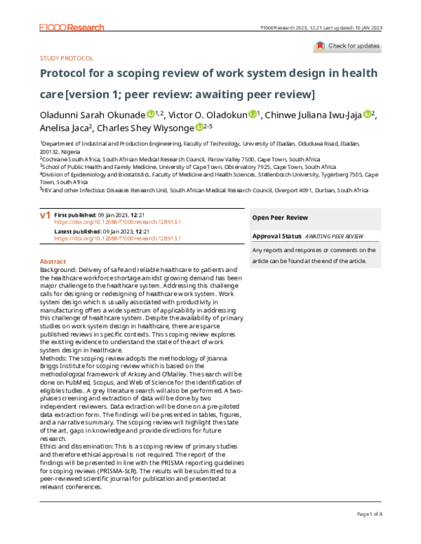 (PDF) Protocol for a scoping review of work system design in health care
