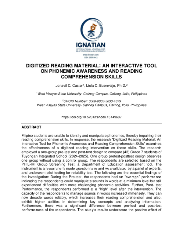 (PDF) DIGITIZED READING MATERIAL AN INTERACTIVE TOOL ON PHONEMIC ...