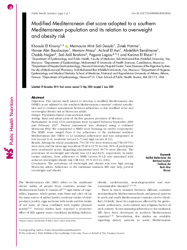 (PDF) Modified Mediterranean diet score adapted to a southern ...