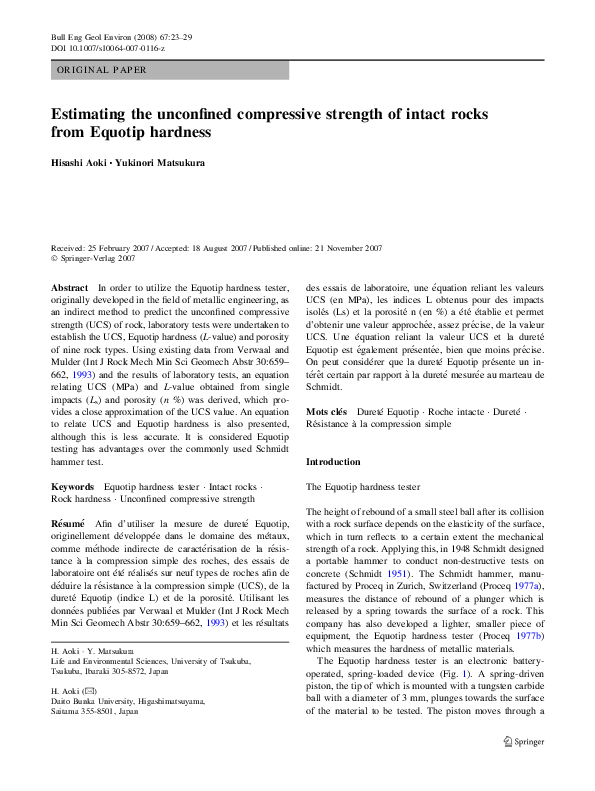 (PDF) Estimating the unconfined compressive strength of intact rocks from Equotip hardness