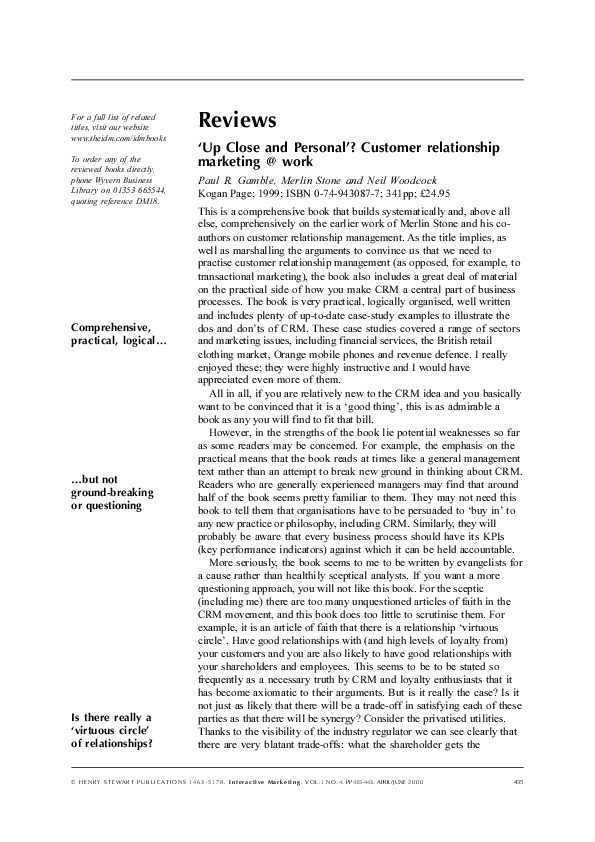 (PDF) ‘Up Close and Personal’? Customer relationship marketing @ work
