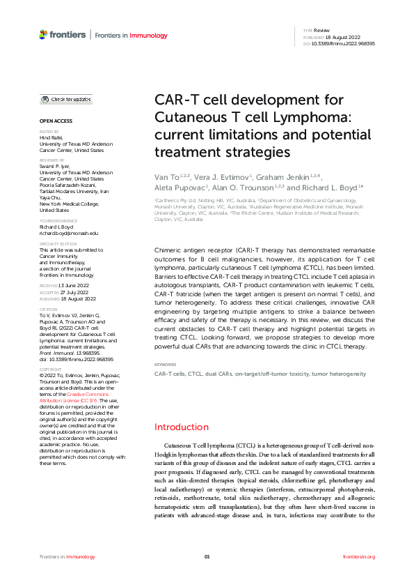(PDF) CAR-T cell development for Cutaneous T cell Lymphoma: current ...