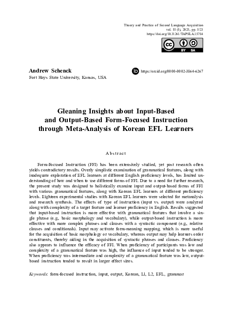 (PDF) Gleaning Insights about Input-Based and Output-Based Form-Focused Instruction through Meta ...