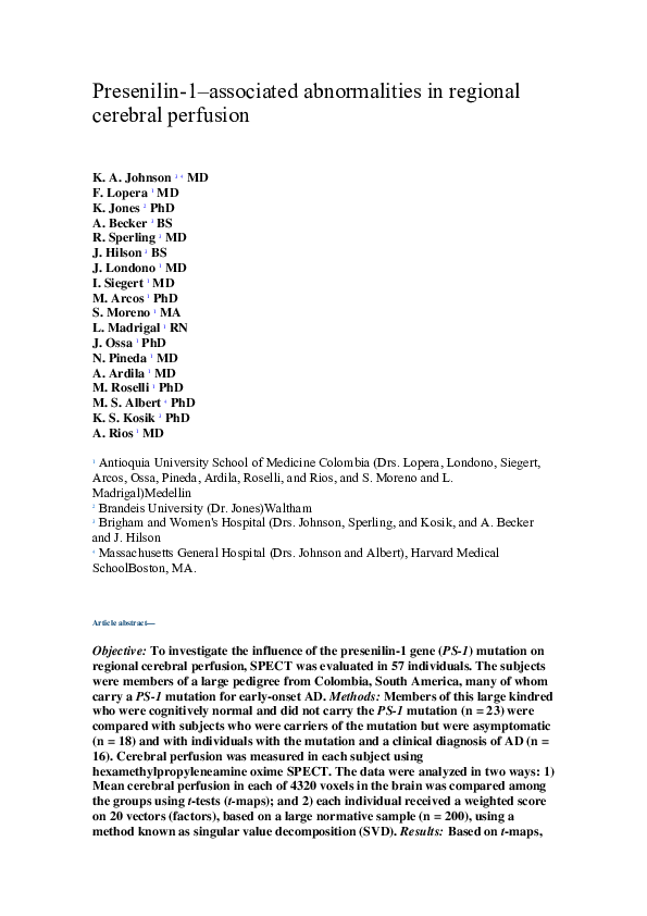 (PDF) Presenilin-1-associated abnormalities in regional cerebral perfusion