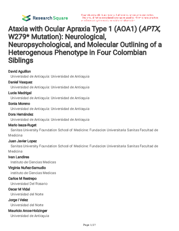 (PDF) Ataxia with Ocular Apraxia Type 1 (AOA1) (APTX, W279* Mutation): Neurological ...
