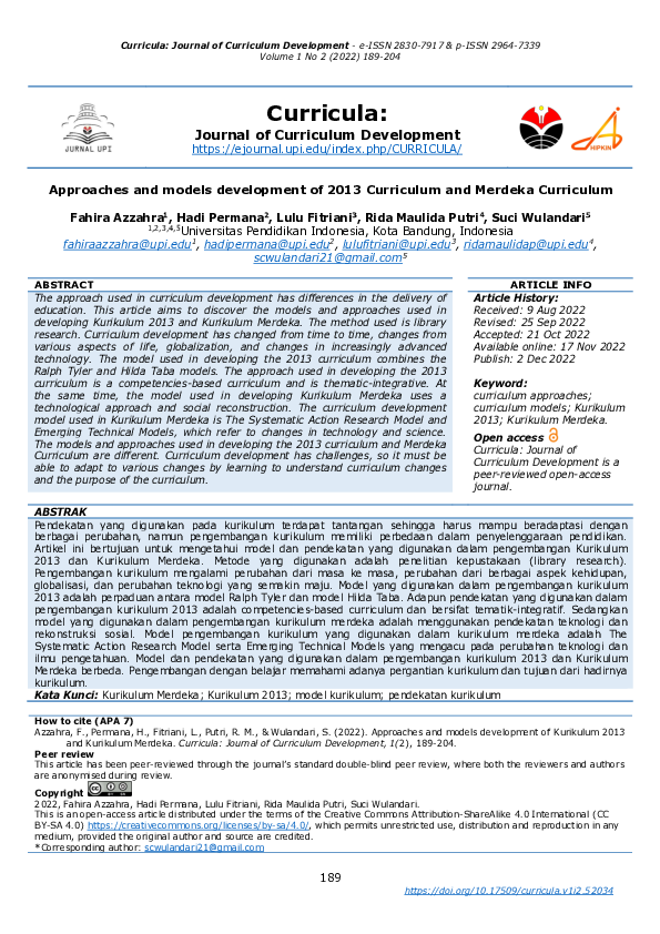 (PDF) Approaches and models development of 2013 Curriculum and Merdeka ...