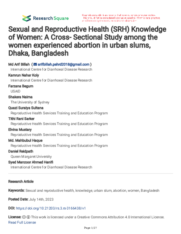 (PDF) Sexual and Reproductive Health (SRH) Knowledge of Women: A Cross- Sectional Study among ...