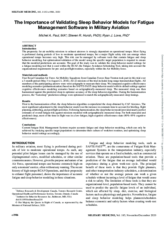 (PDF) The Importance of Validating Sleep Behavior Models for Fatigue ...