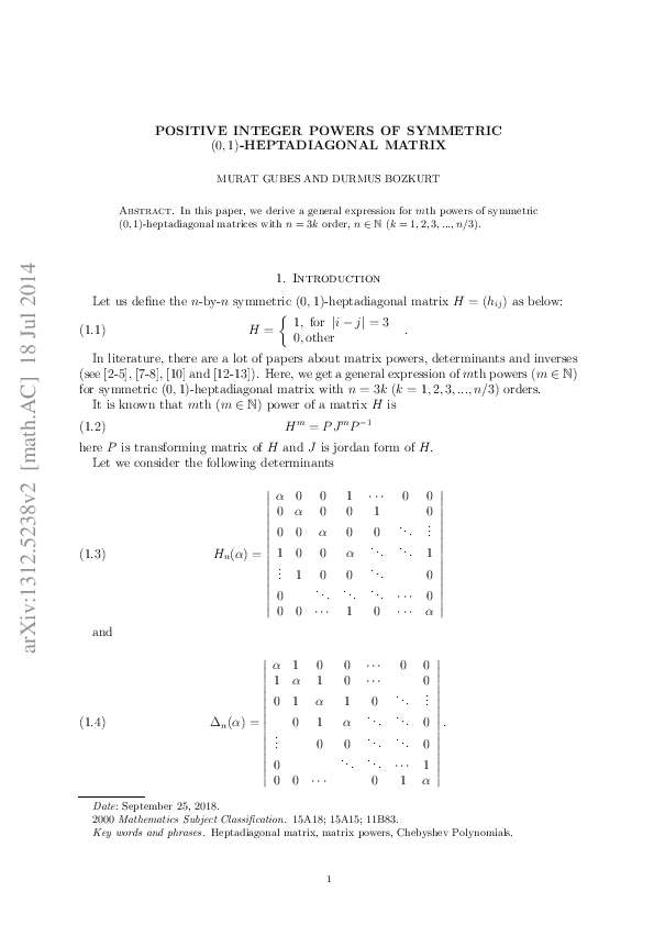 (PDF) Positive Integer Powers OF Symmetric(0,1)-Heptadiagonal Matrix