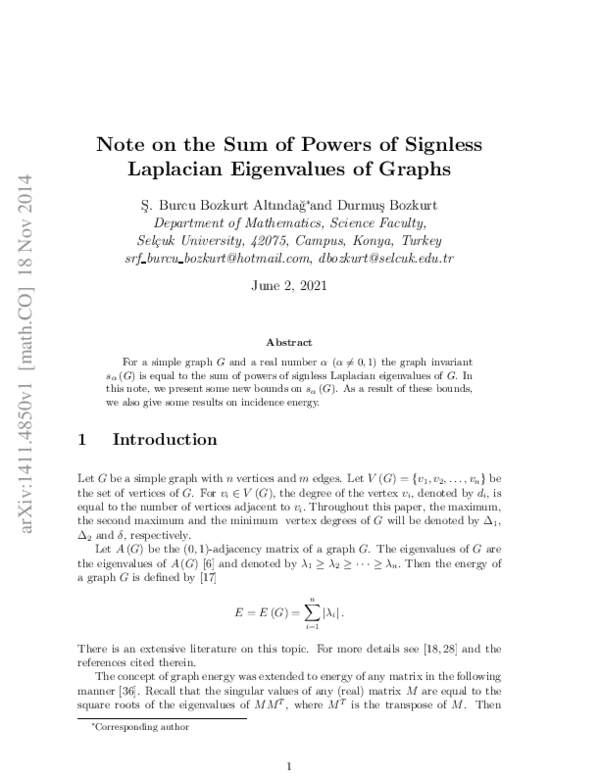 (PDF) Note on the Sum of Powers of Signless Laplacian Eigenvalues of Graphs