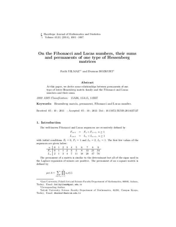 (PDF) On the Fibonacci and Lucas numbers, their sums and permanents of ...