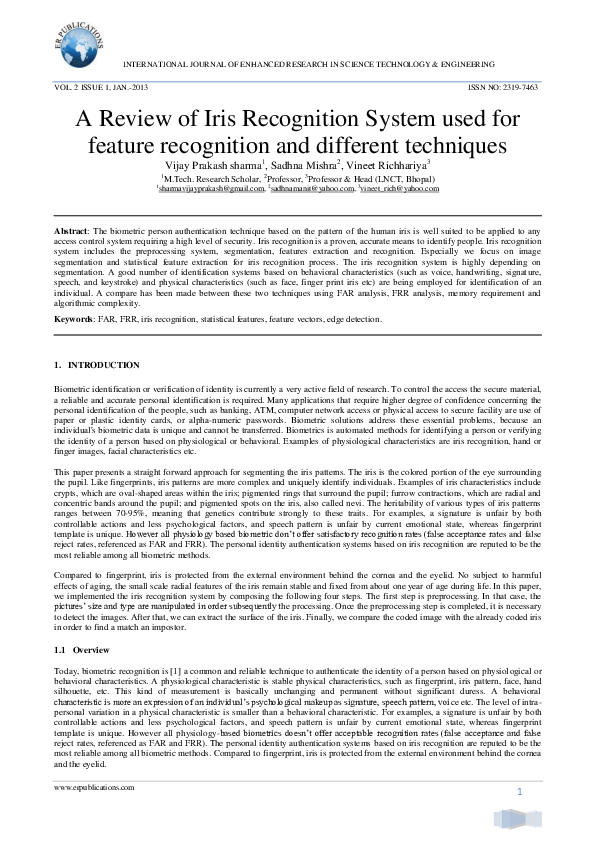 (PDF) A Review of Iris Recognition System used for feature recognition and different techniques