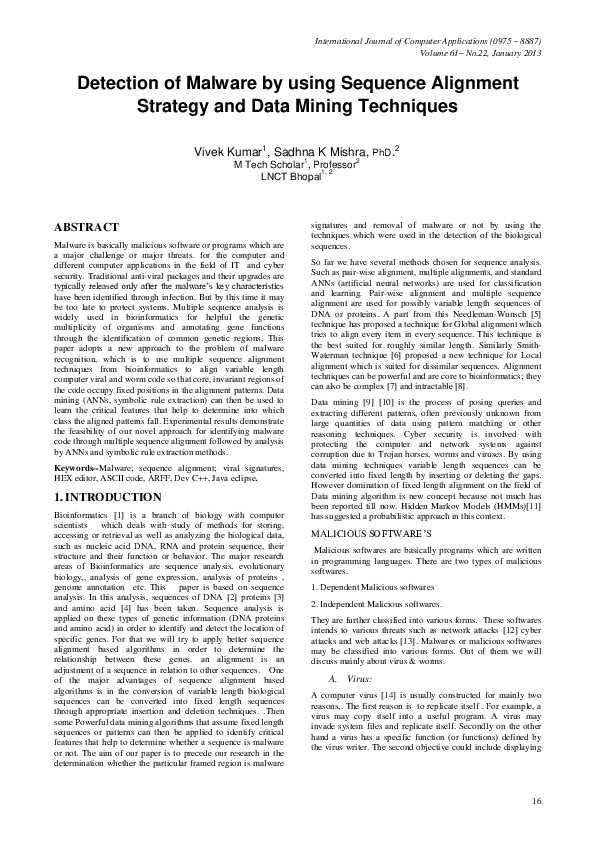 (PDF) Detection of Malware by using Sequence Alignment Strategy and Data Mining Techniques