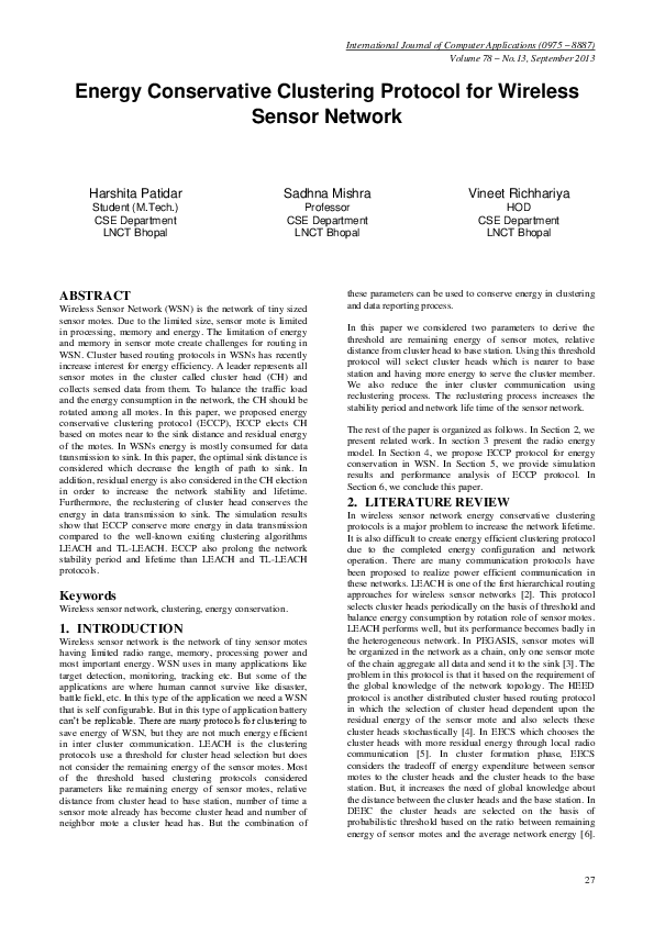 (PDF) Energy Conservative Clustering Protocol for Wireless Sensor Network