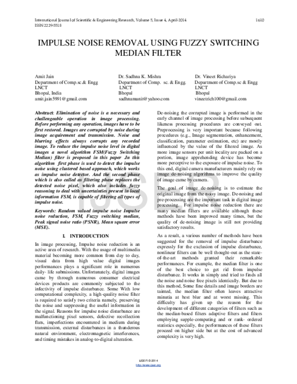 (PDF) Impulse Noise Removal Using Fuzzy Switching Median Filter