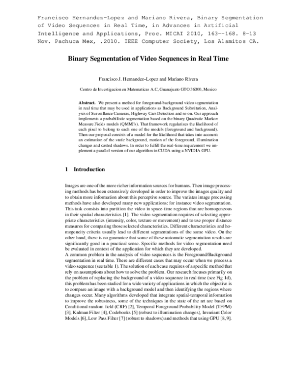 (PDF) Binary Segmentation of Video Sequences in Real Time