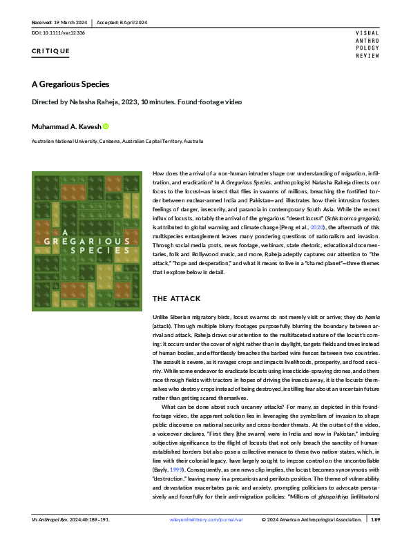 (PDF) Review of A Gregarious Species Directed by Natasha Raheja