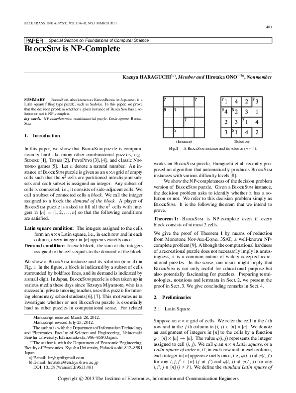 (PDF) BlockSum is NP-Complete